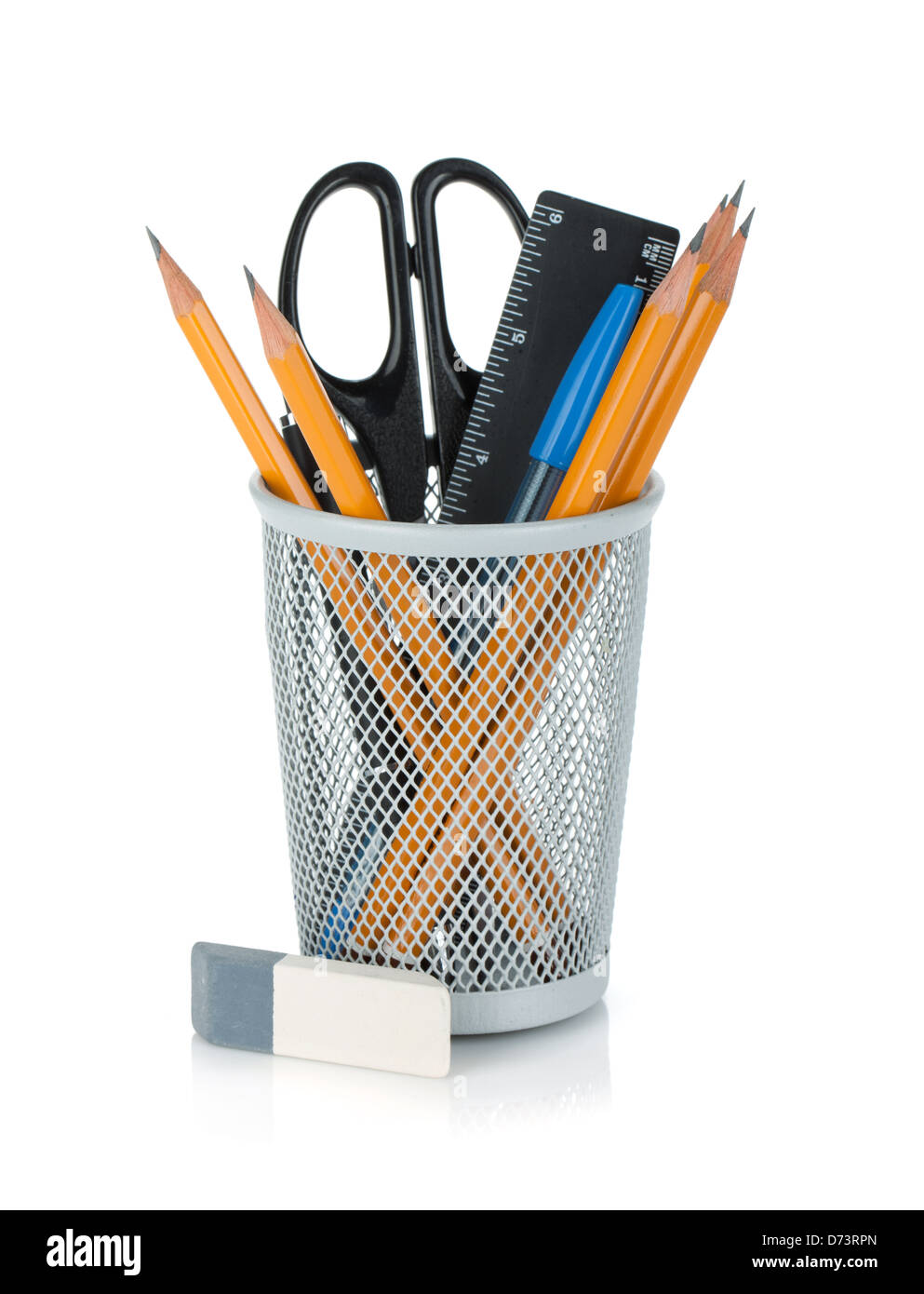 Pencils, pens, ruler, scissors and rubber. Isolated on white background ...