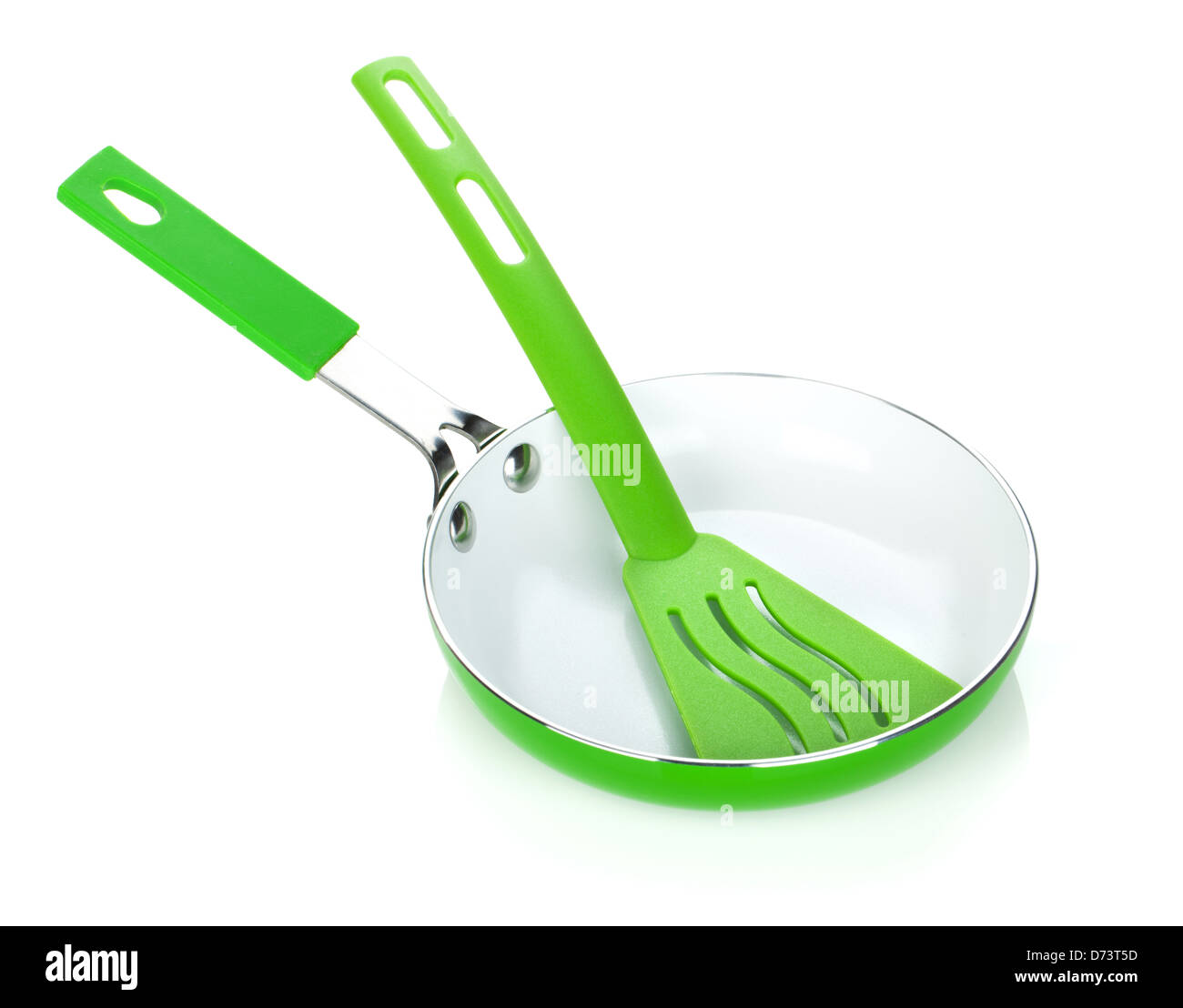 Green colored frying pan and utensil. Isolated on white background ...