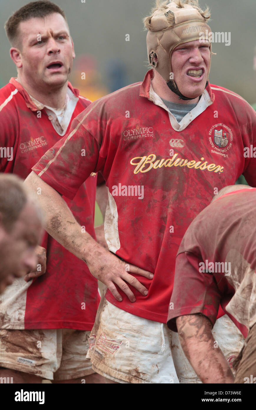 Players from the Northwest Woodsmen Rugby Football Club stand during a ...