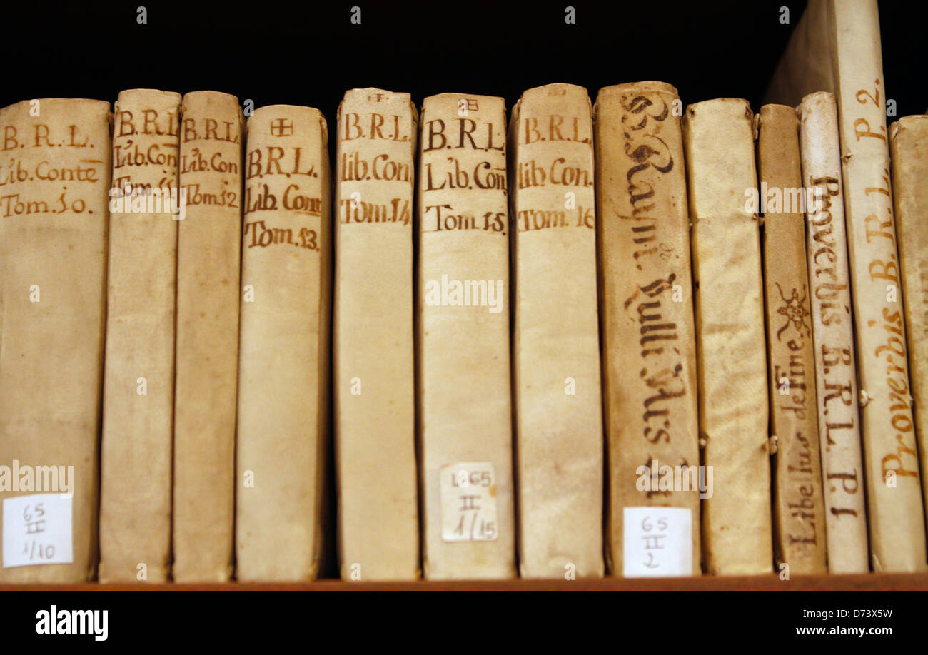 Antique books are stored in a library in the Spanish island of Mallorca ...