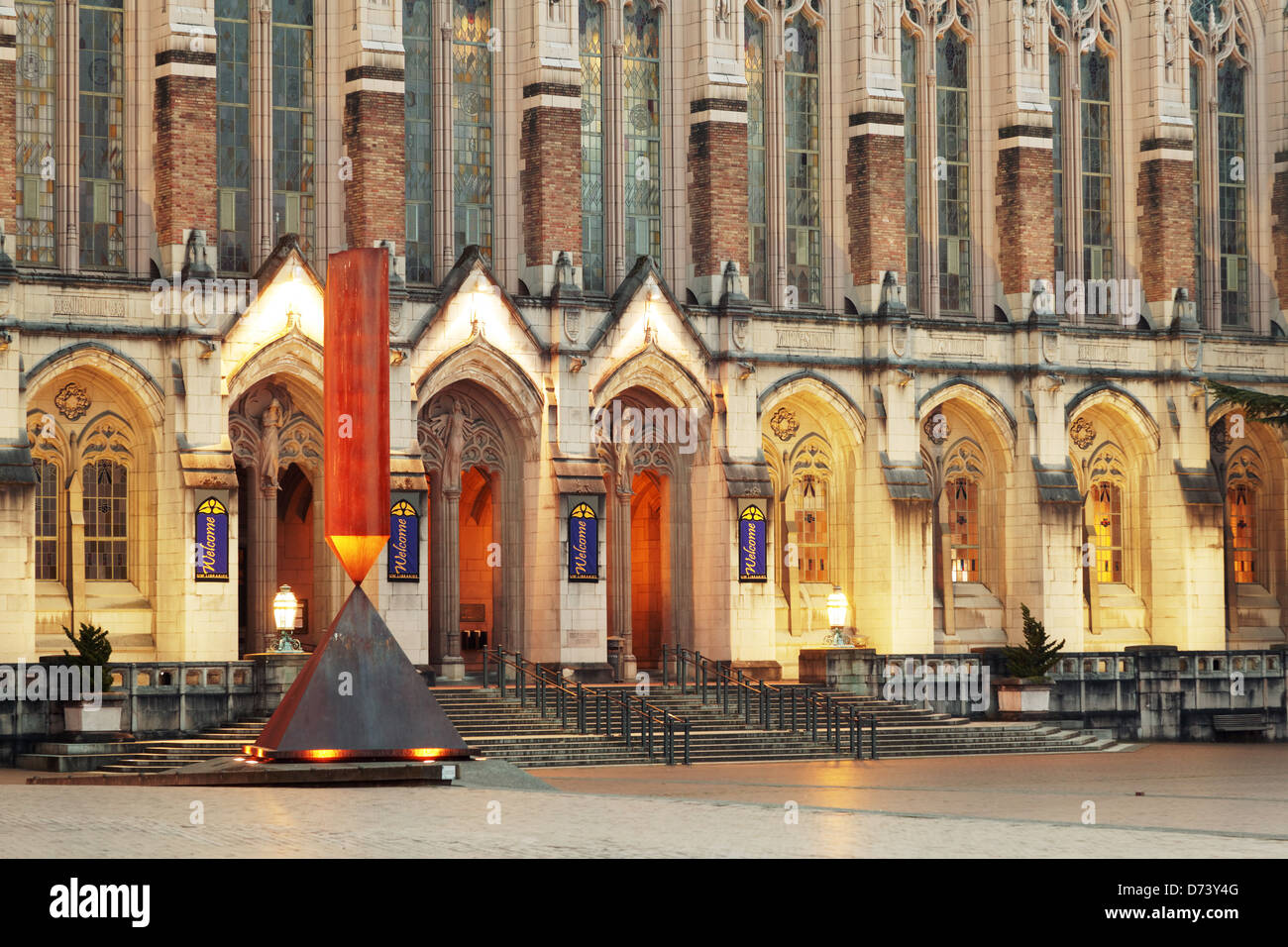 Suzzallo Library and broken obelisk in Red Square at twilight ...