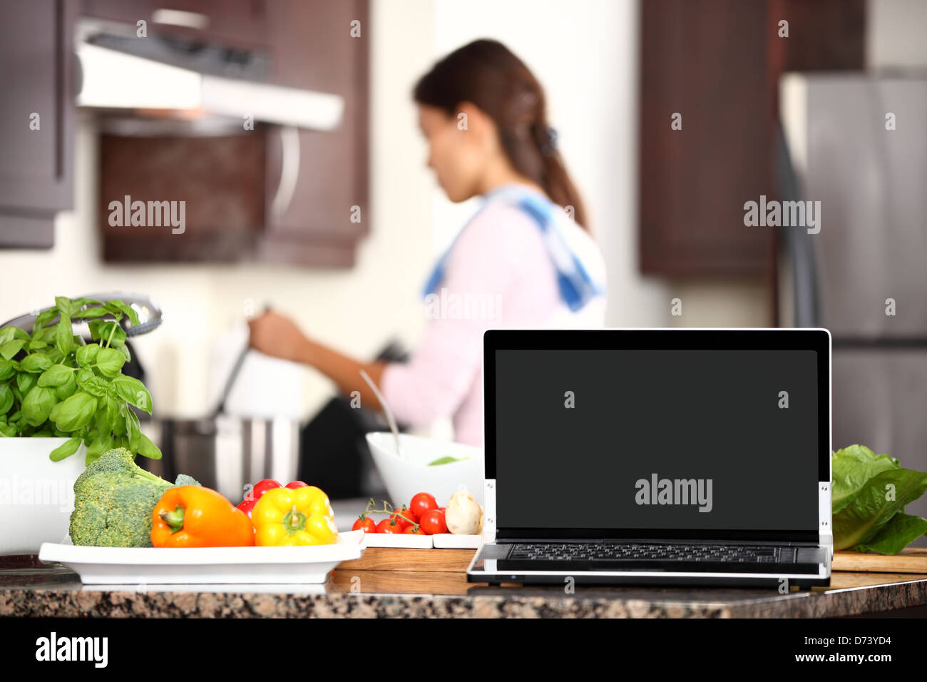 cooking and computer laptop concept. Blank pc monitor screen in focus ...