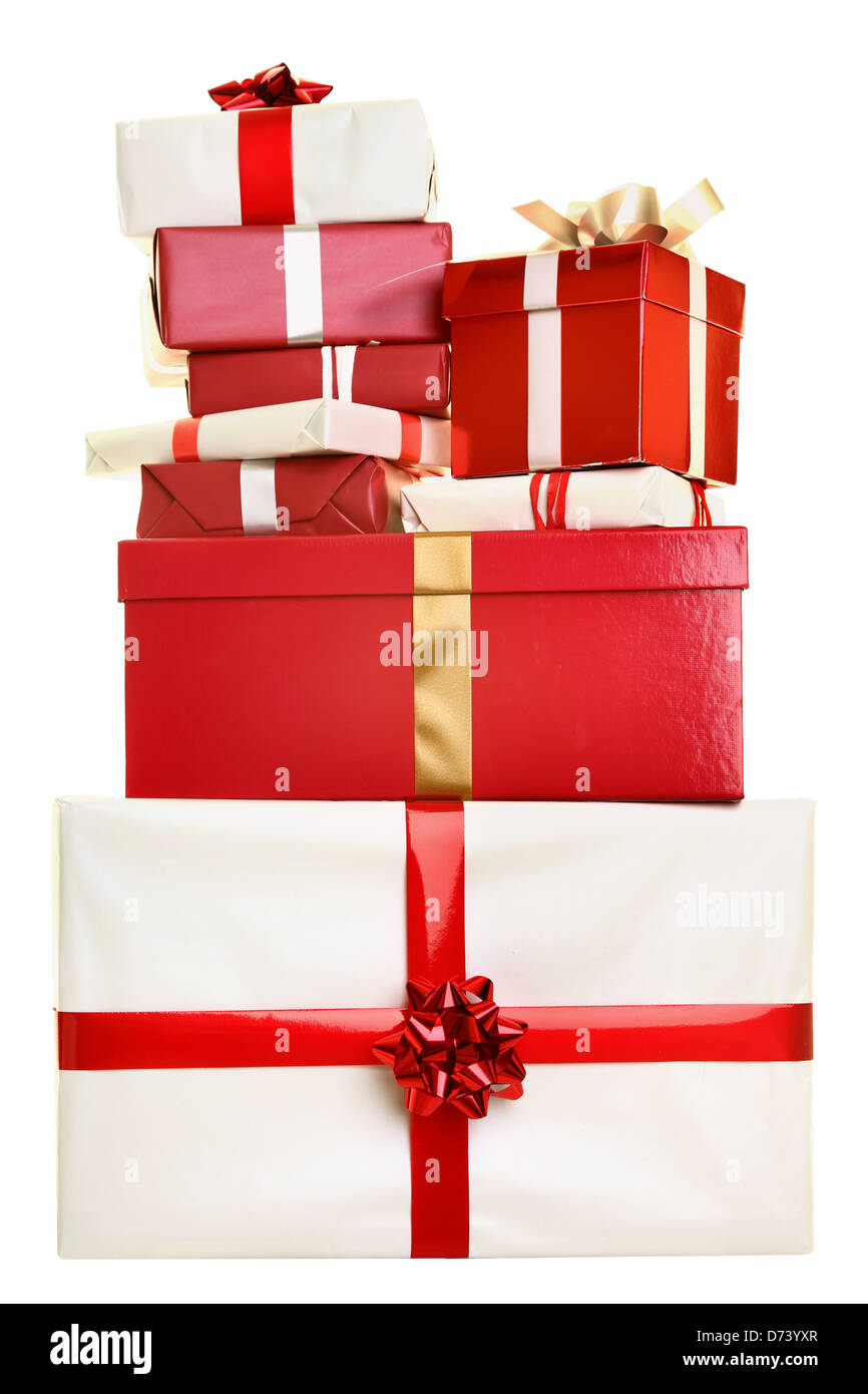 Christmas gifts isolated. Pile of christmas presents stacked isolated ...