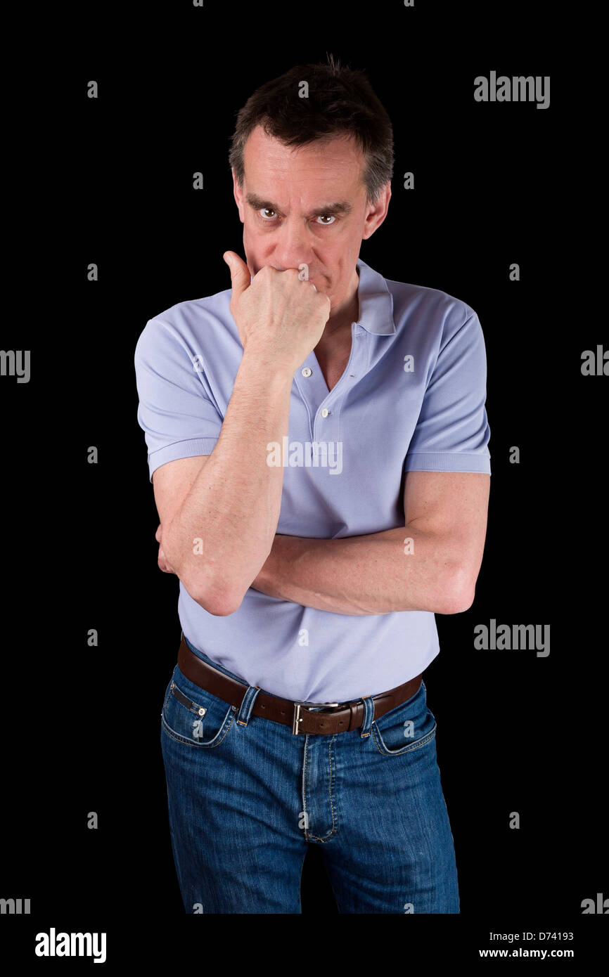 Angry Frowning Middle Age Man Glaring over Hand on Chin Black ...