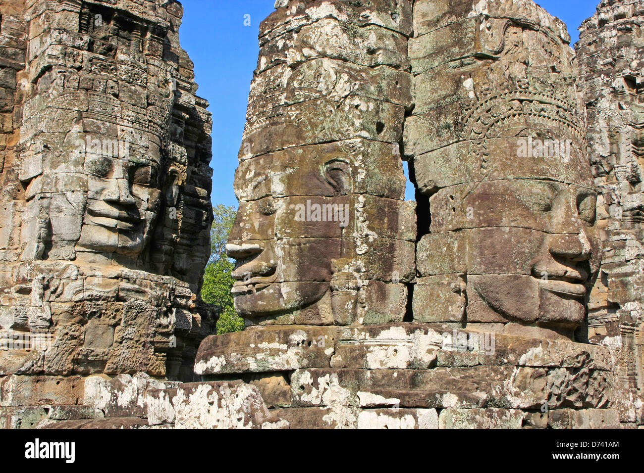 Stone faces of Bayon temple, Angkor area, Siem Reap, Cambodia Stock ...