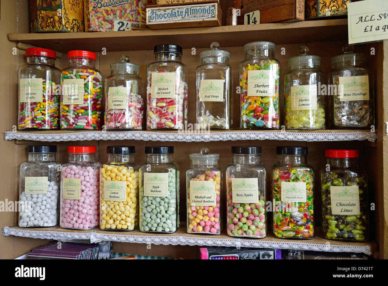 Old fashioned Sweet Jars In Victorian Shop Parlour Cornet Street