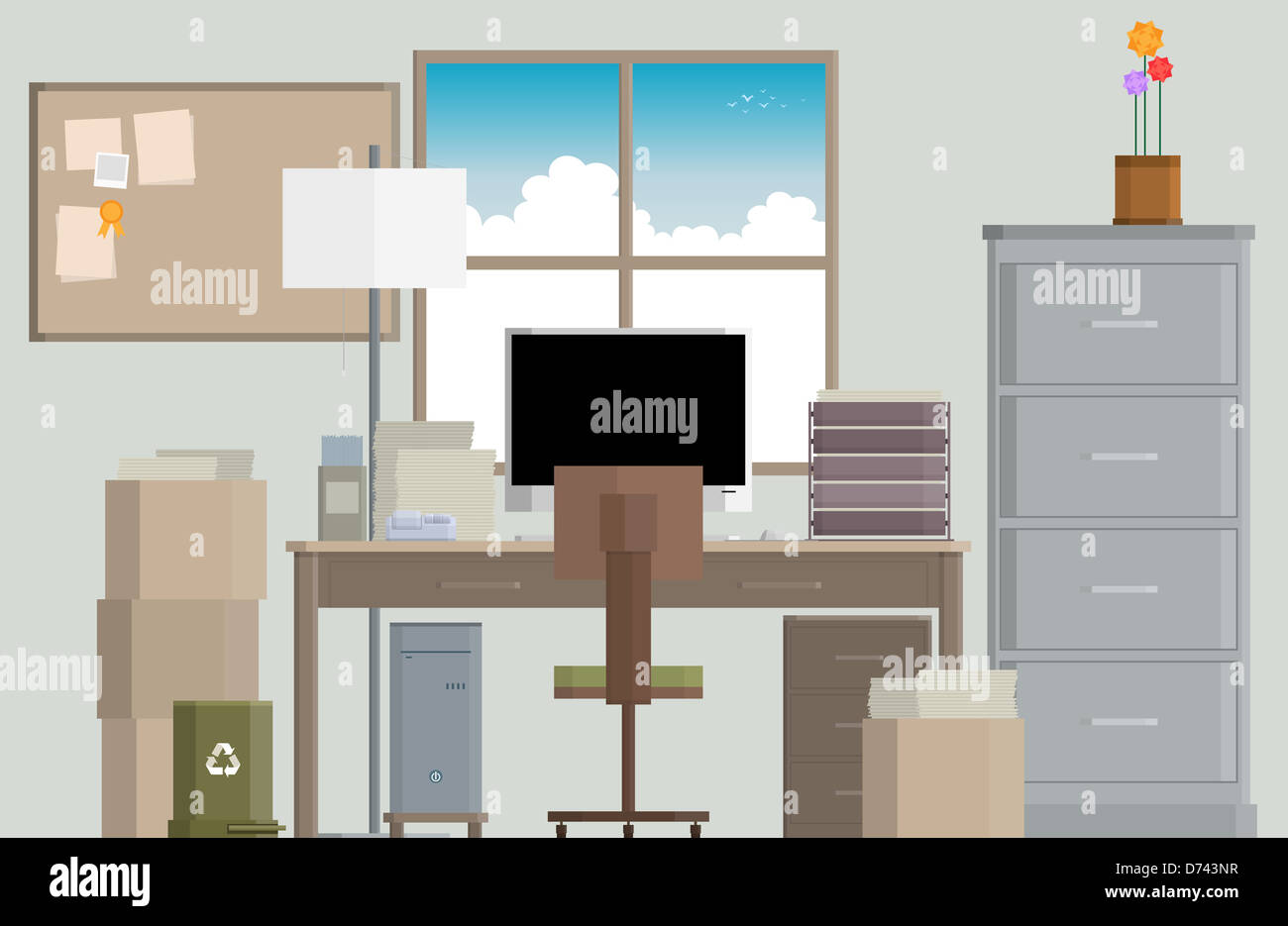 Vector illustration of a crowded work desk Stock Photo - Alamy