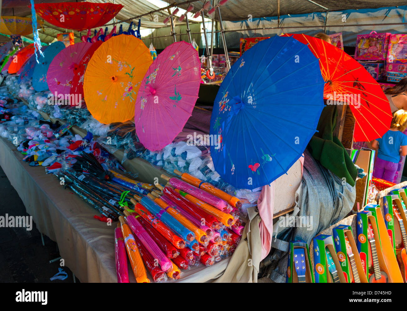 Goods and trinkets for sale at a swap meet in Davis California Stock ...