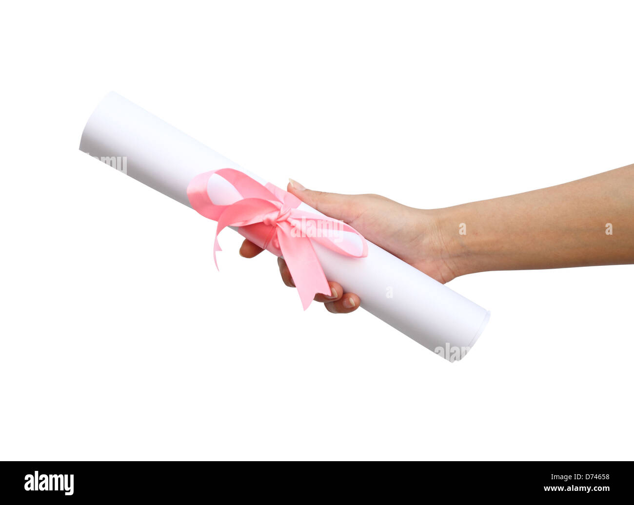 graduation diploma in hand on white background Stock Photo - Alamy
