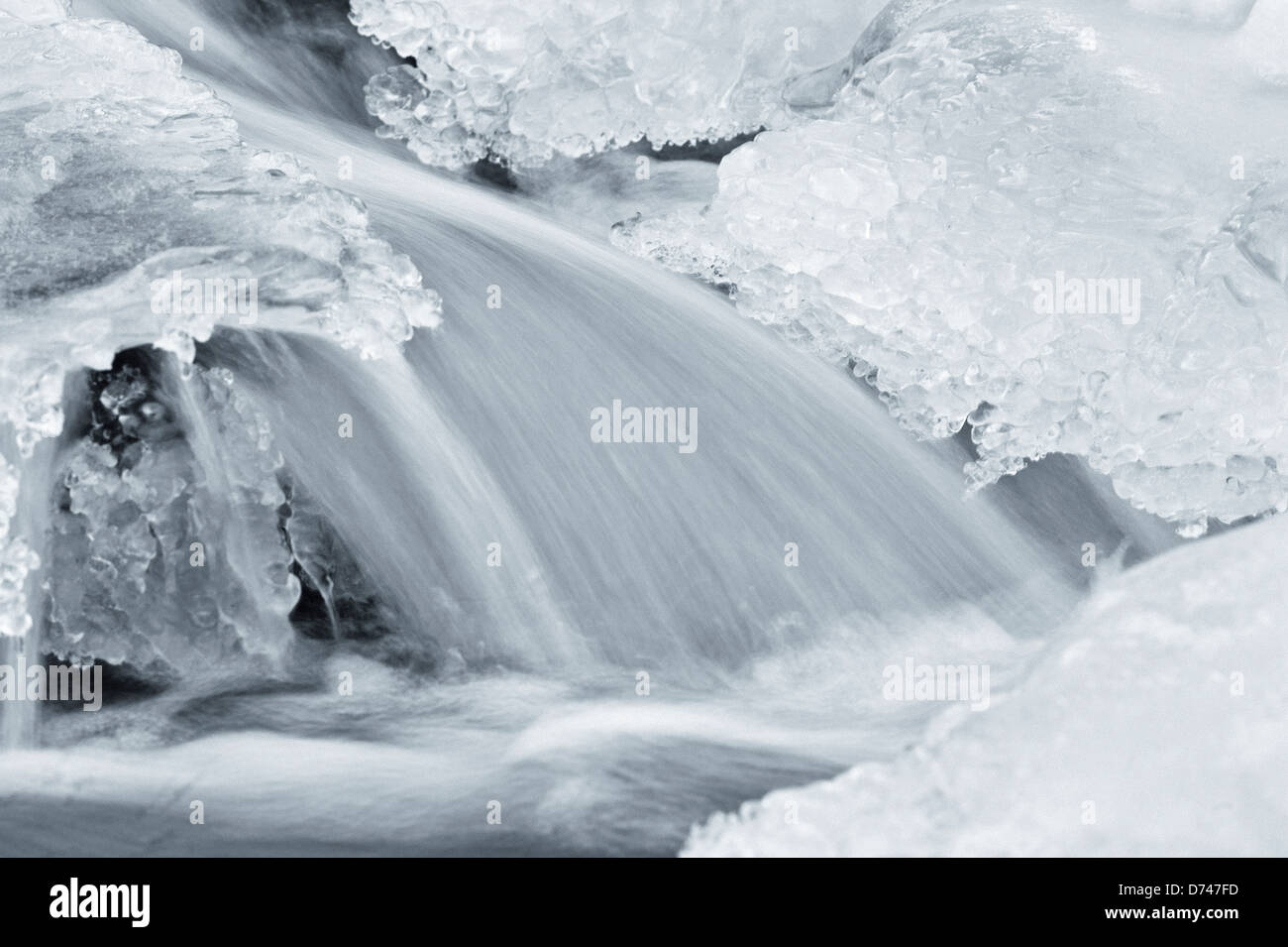 Melt water streaming through and over rocks covered in snow and ice ...