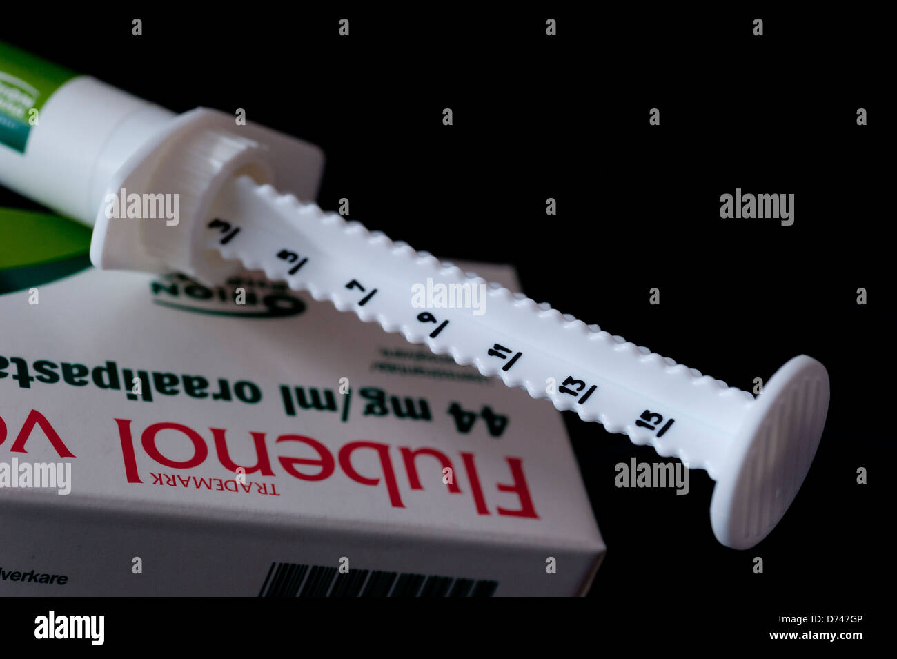 Syringe with a package of Flubenol, a veterinary medicine to prevent ...