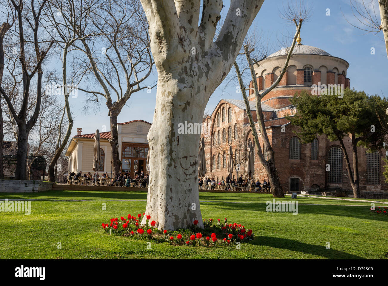 Garden in the first courtyard of Topkapi palace, Istanbul, Turkey. In ...