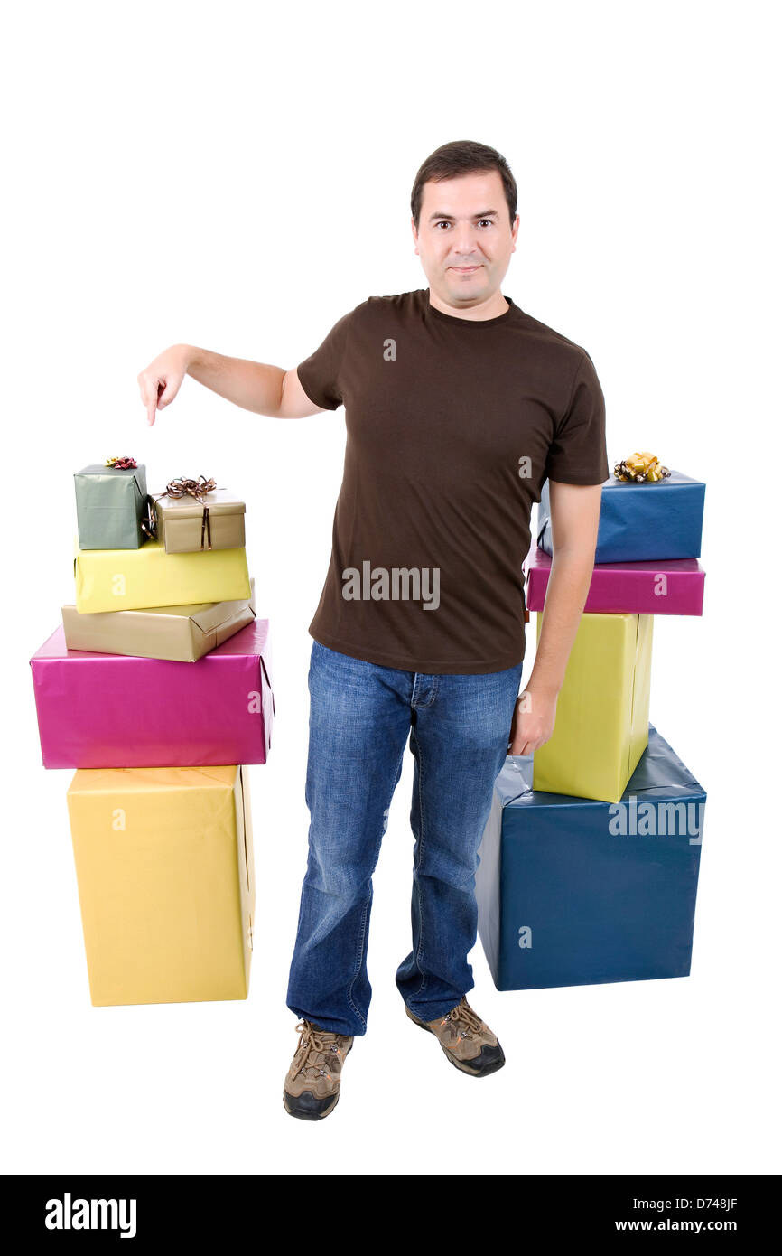 happy silly salesman with some boxes, isolated on white Stock Photo - Alamy