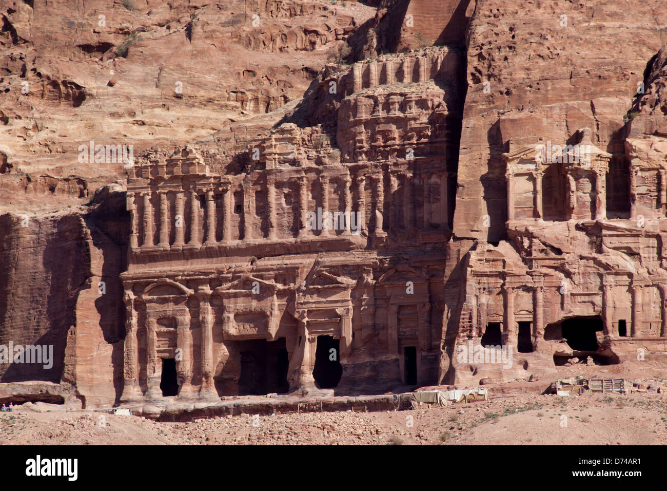 Buildings carved in the stone cliff, in Petra, Jordan; a first century ...