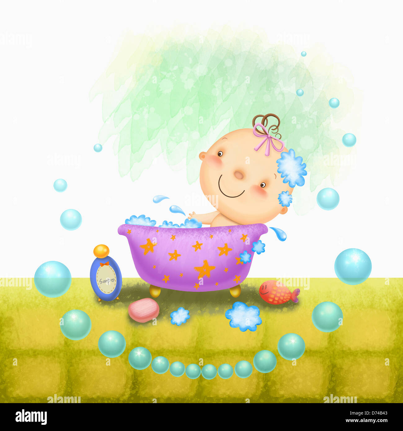 illustration of a baby taking a bath Stock Photo - Alamy