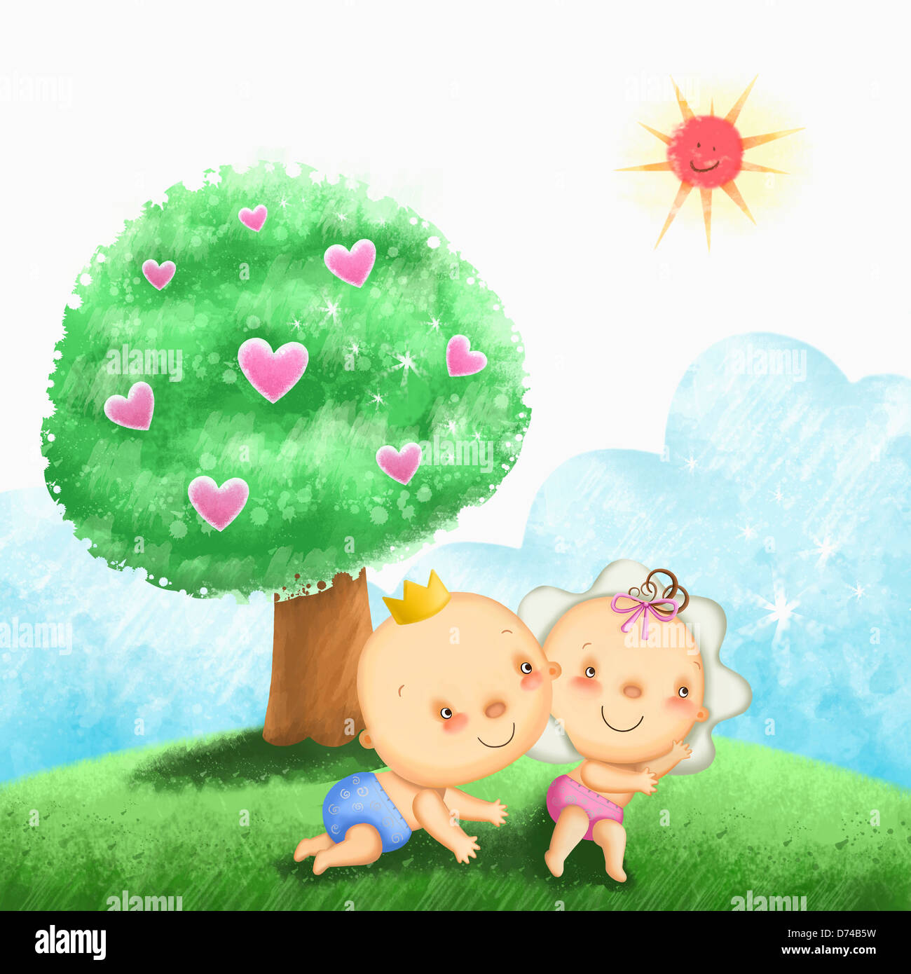 illustration of a babies under tree Stock Photo - Alamy