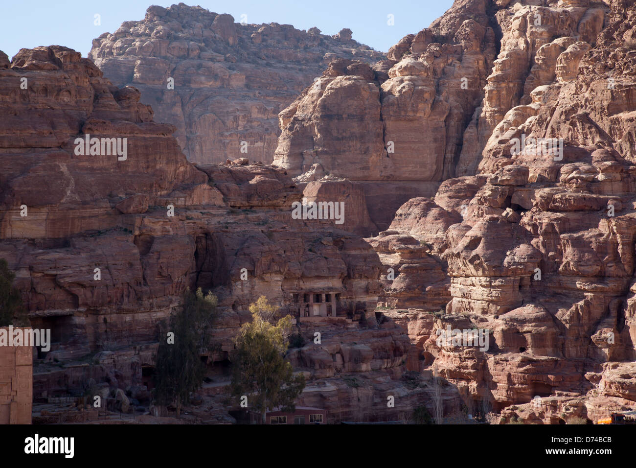 Buildings carved in the stone cliff, in Petra, Jordan; a first century ...