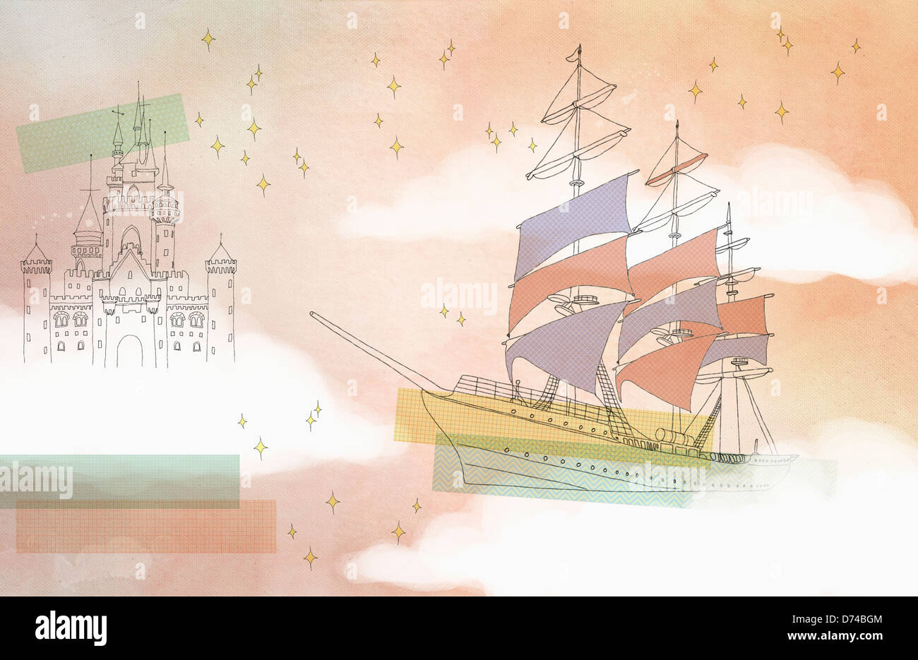 illustration of magical land featuring ship in the sky Stock Photo - Alamy