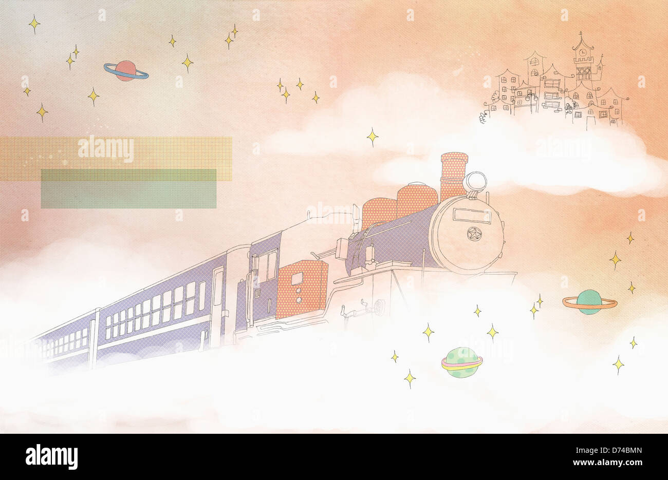 illustration of magical land featuring train in the sky Stock Photo - Alamy