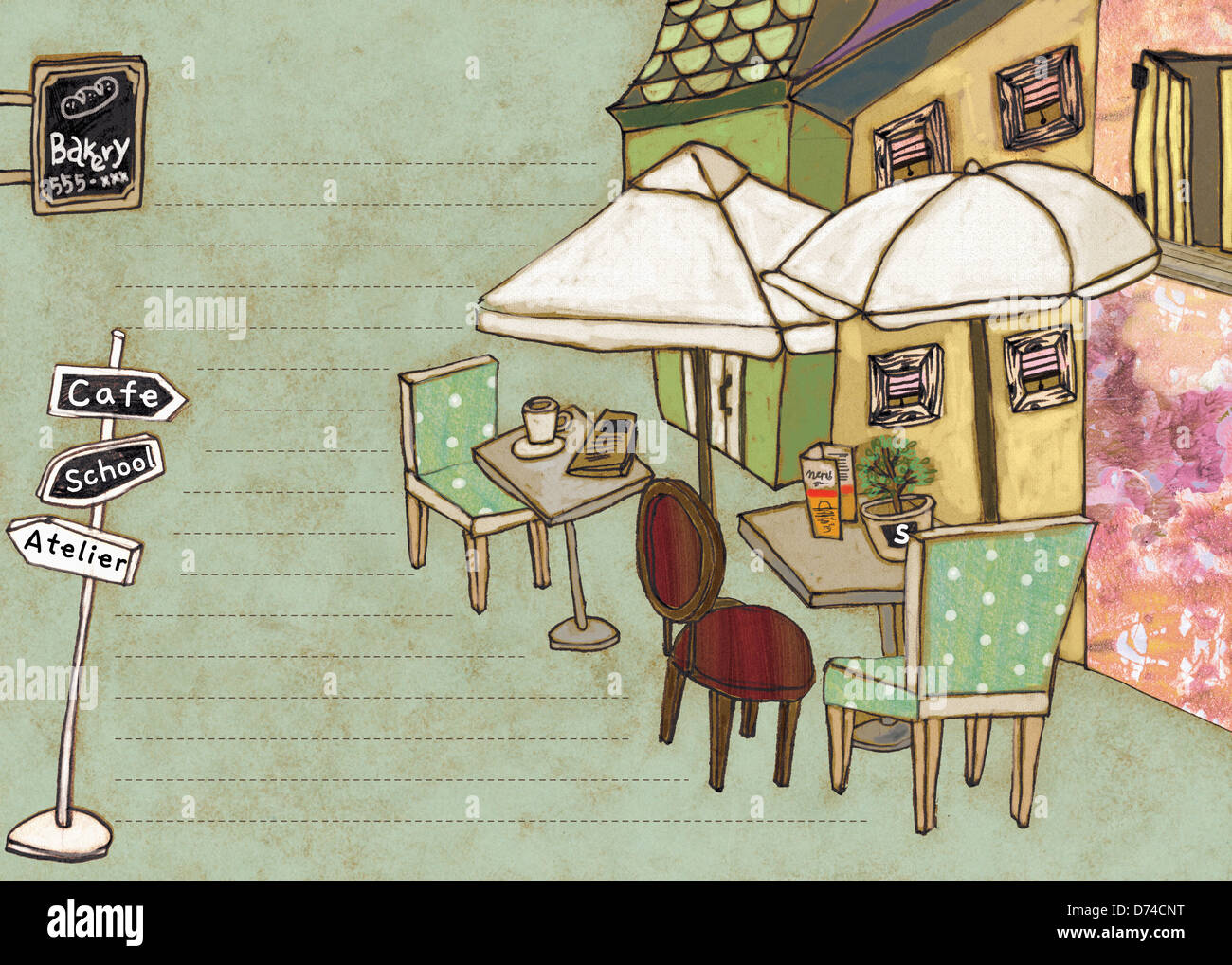 illustration of card front page featuring café Stock Photo - Alamy