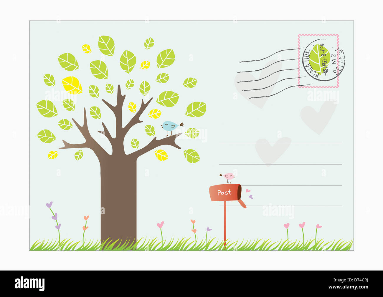 illustration of post card featuring tree and post box Stock Photo - Alamy