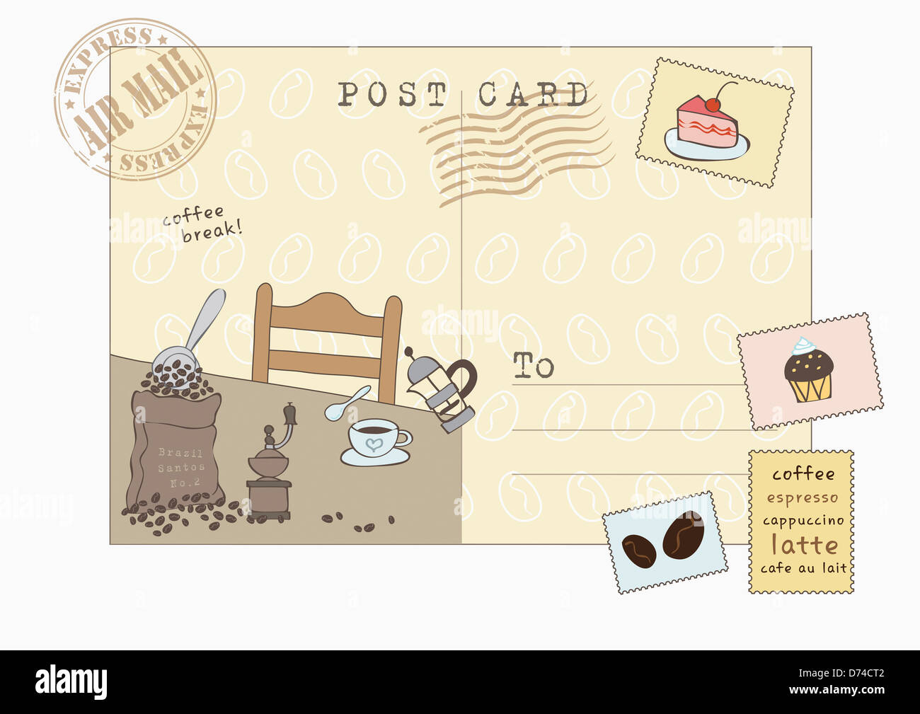 illustration of post card featuring coffee beans Stock Photo - Alamy