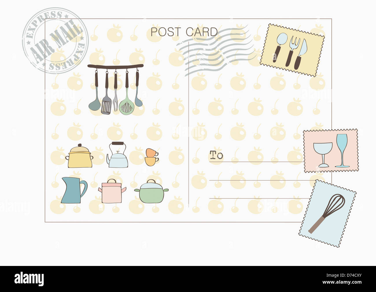 illustration of post card featuring kitchen equipments Stock Photo - Alamy
