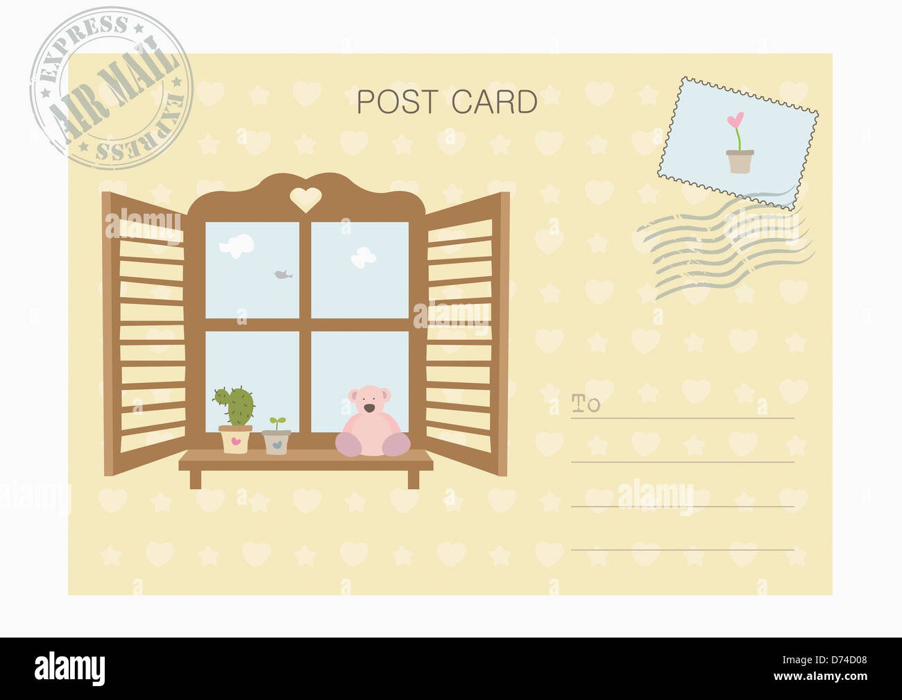 illustration of post card featuring wooden window Stock Photo - Alamy