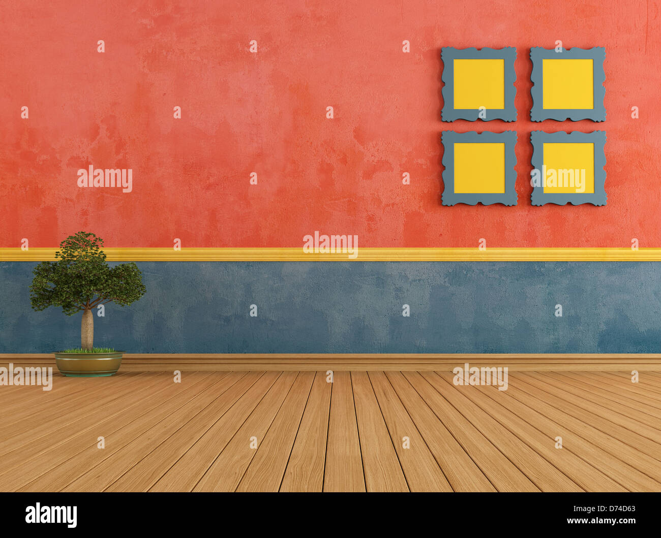 Colorful empty room with wooden floor and frame - render Stock Photo ...