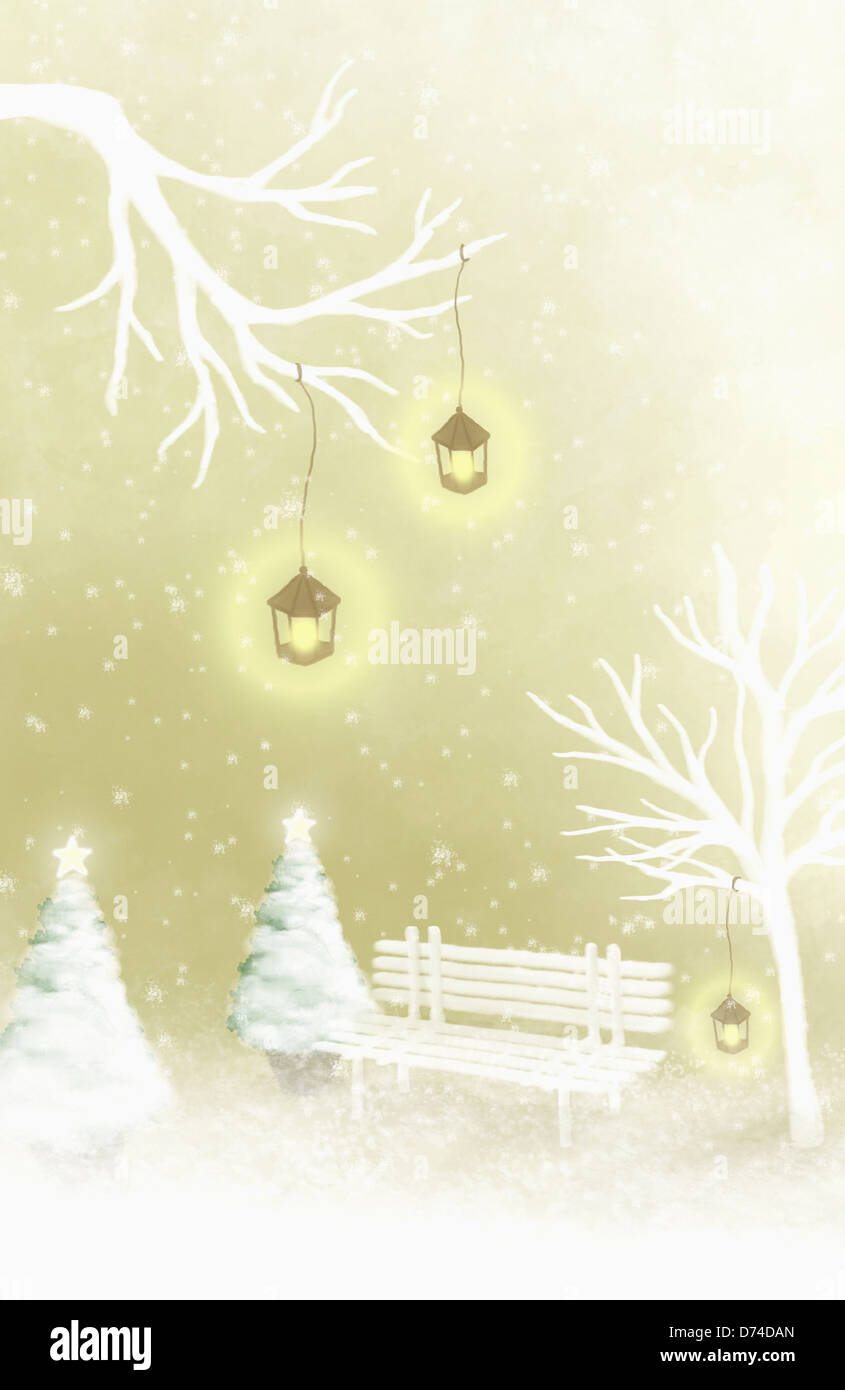 illustration landscape of a bench in winter Stock Photo - Alamy