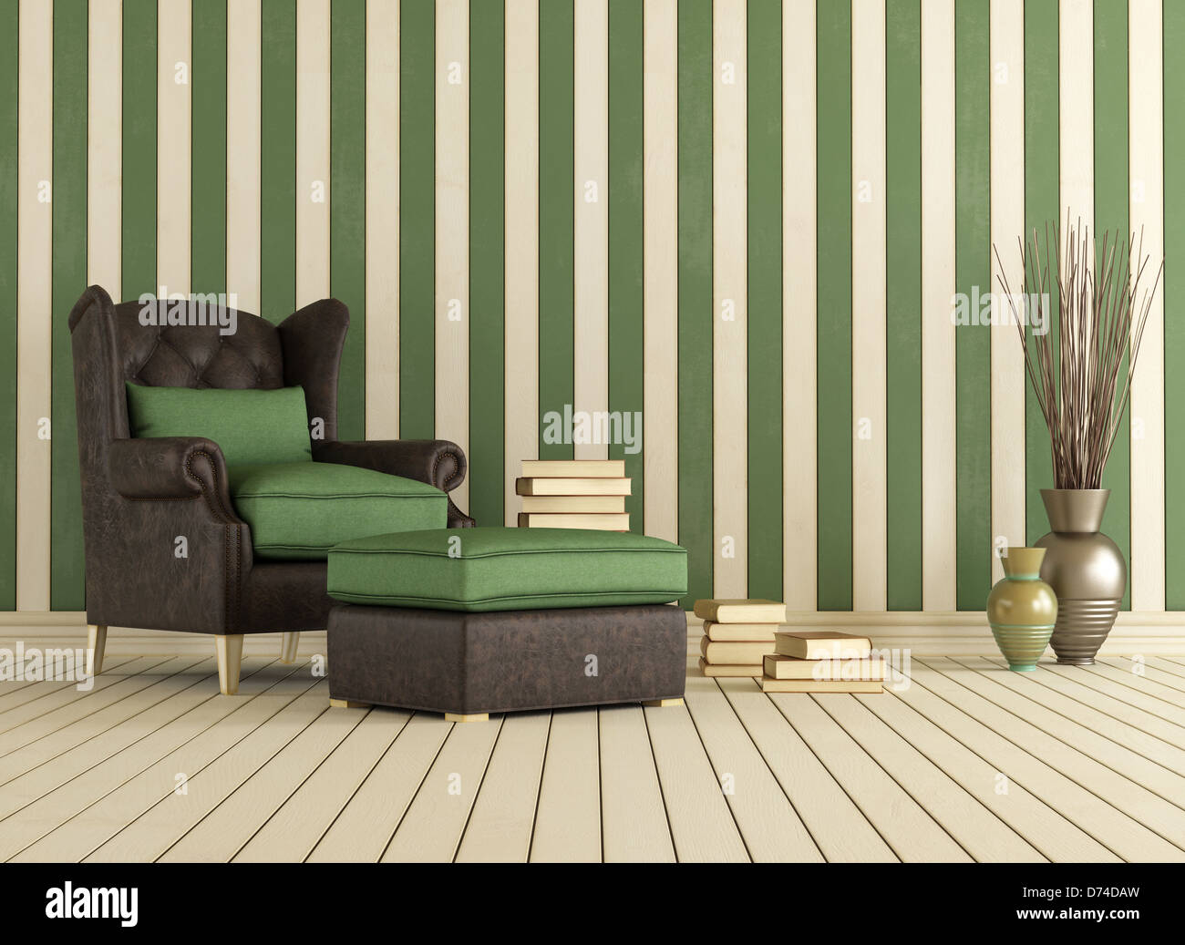 Vintage reading room with classic armchair and old books - rendering ...