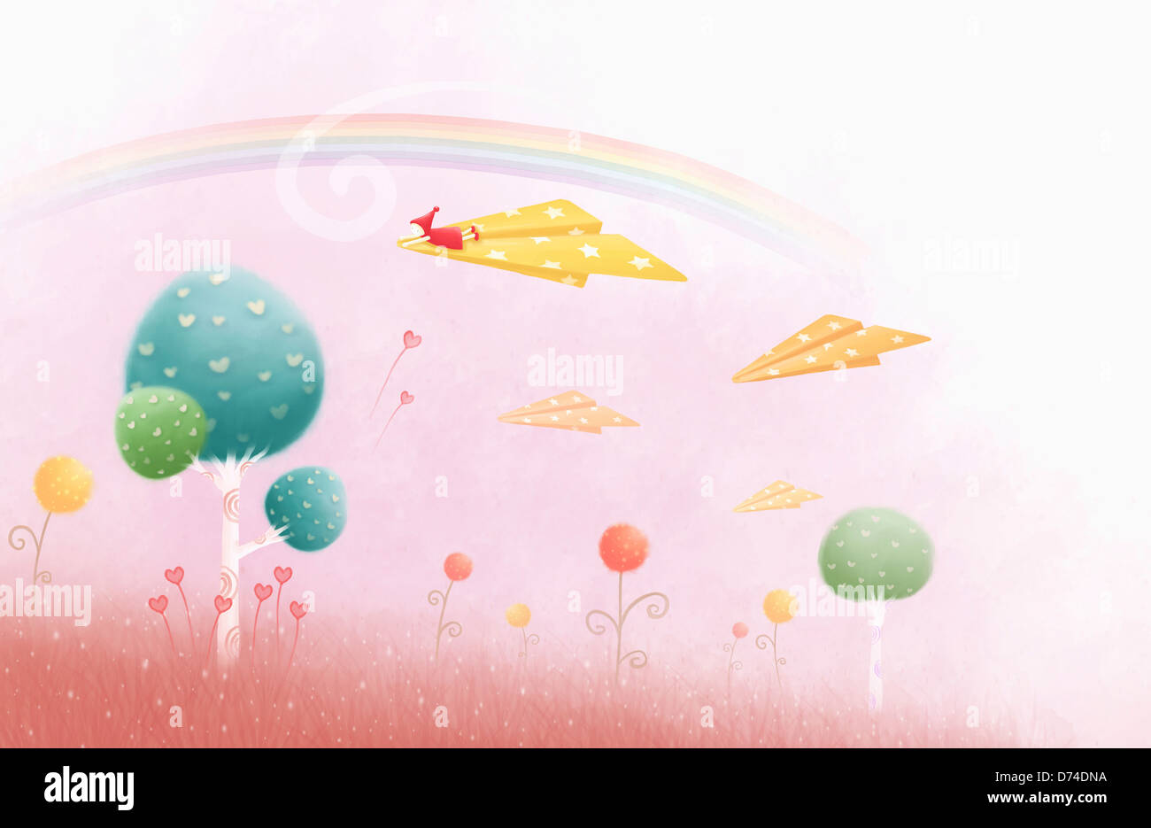 illustration of magical land featuring paper planes flying Stock Photo ...