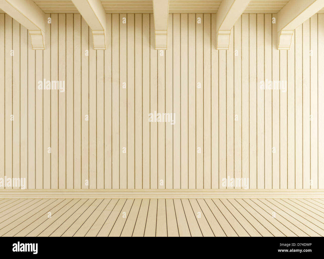 Empty room with light wood and ceiling beams- rendering Stock Photo - Alamy