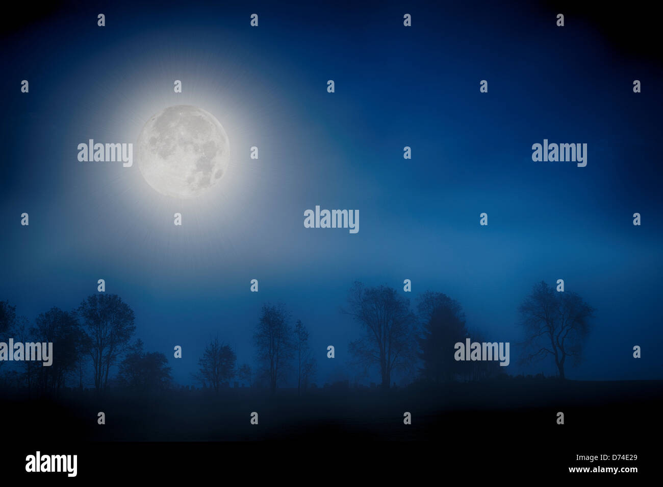 USA, Vermont, Stowe, Moon over foggy treeline Stock Photo - Alamy