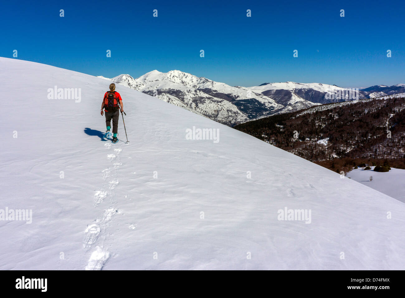 Female Figure In Red Snowshoeing Plateau De Beille Ariege French