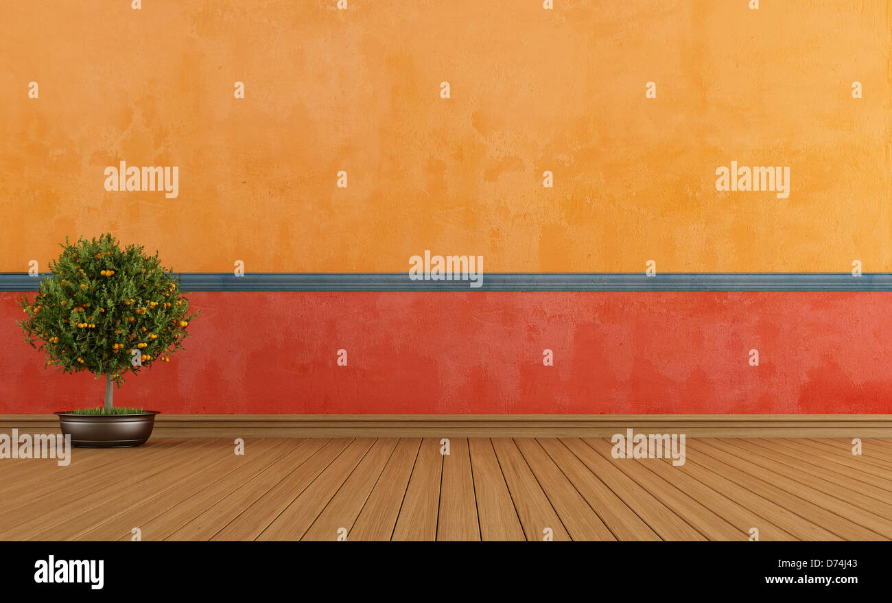 Colorful empty room with wooden floor and plant - rendering Stock Photo ...