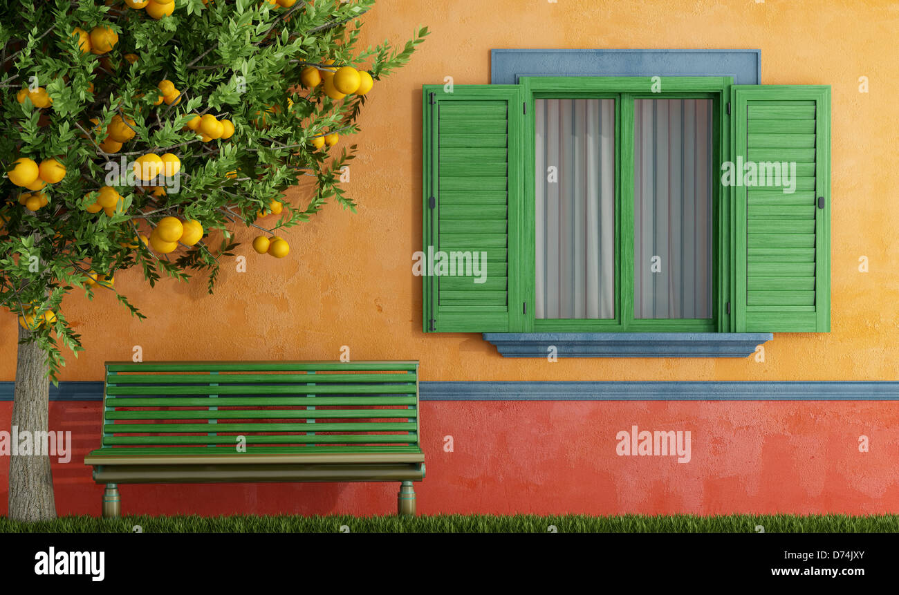Colorful old house with wooden window and green bench - rendering Stock ...