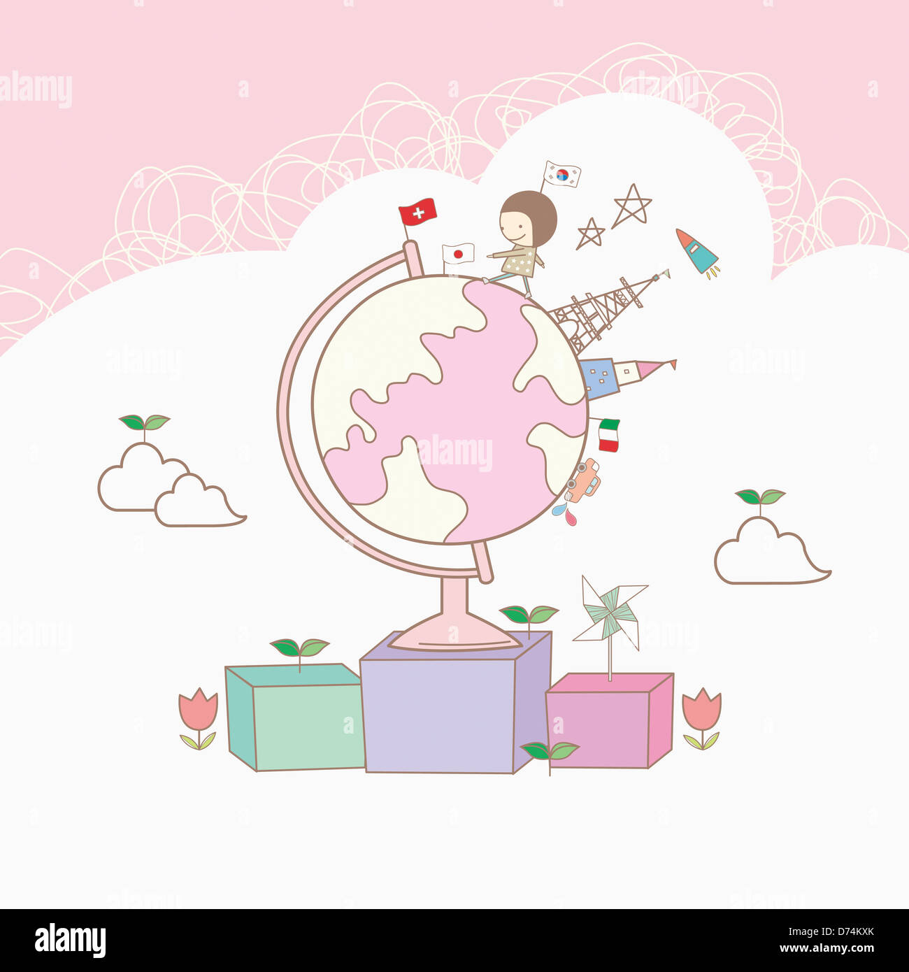 illustration of kids walking around a globe Stock Photo - Alamy