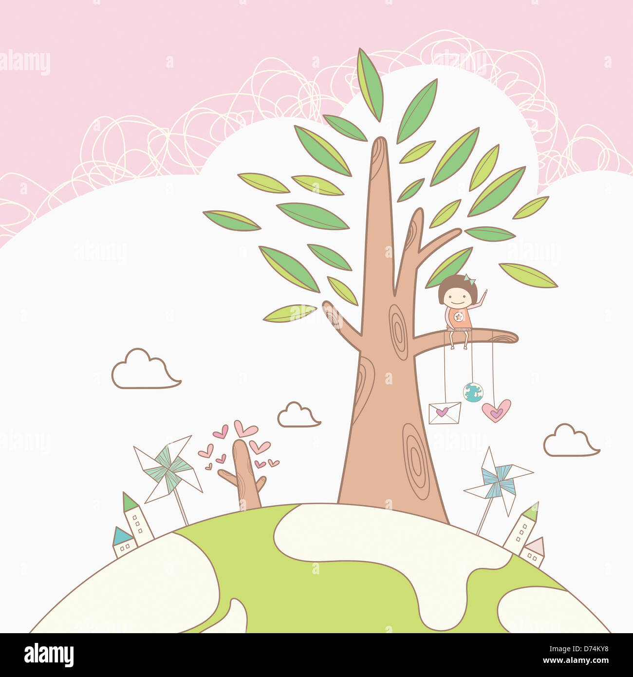 illustration of kid sitting on a tree Stock Photo - Alamy