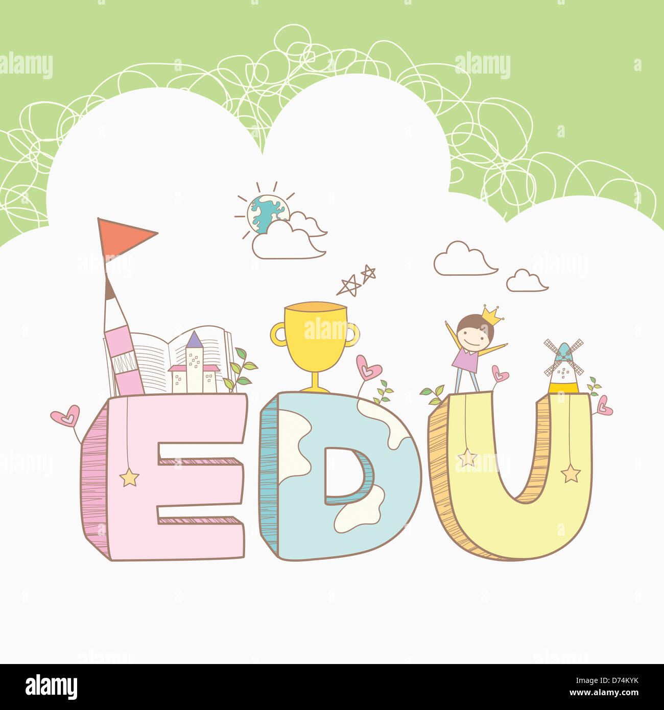 illustration of kid standing on a word edu Stock Photo - Alamy