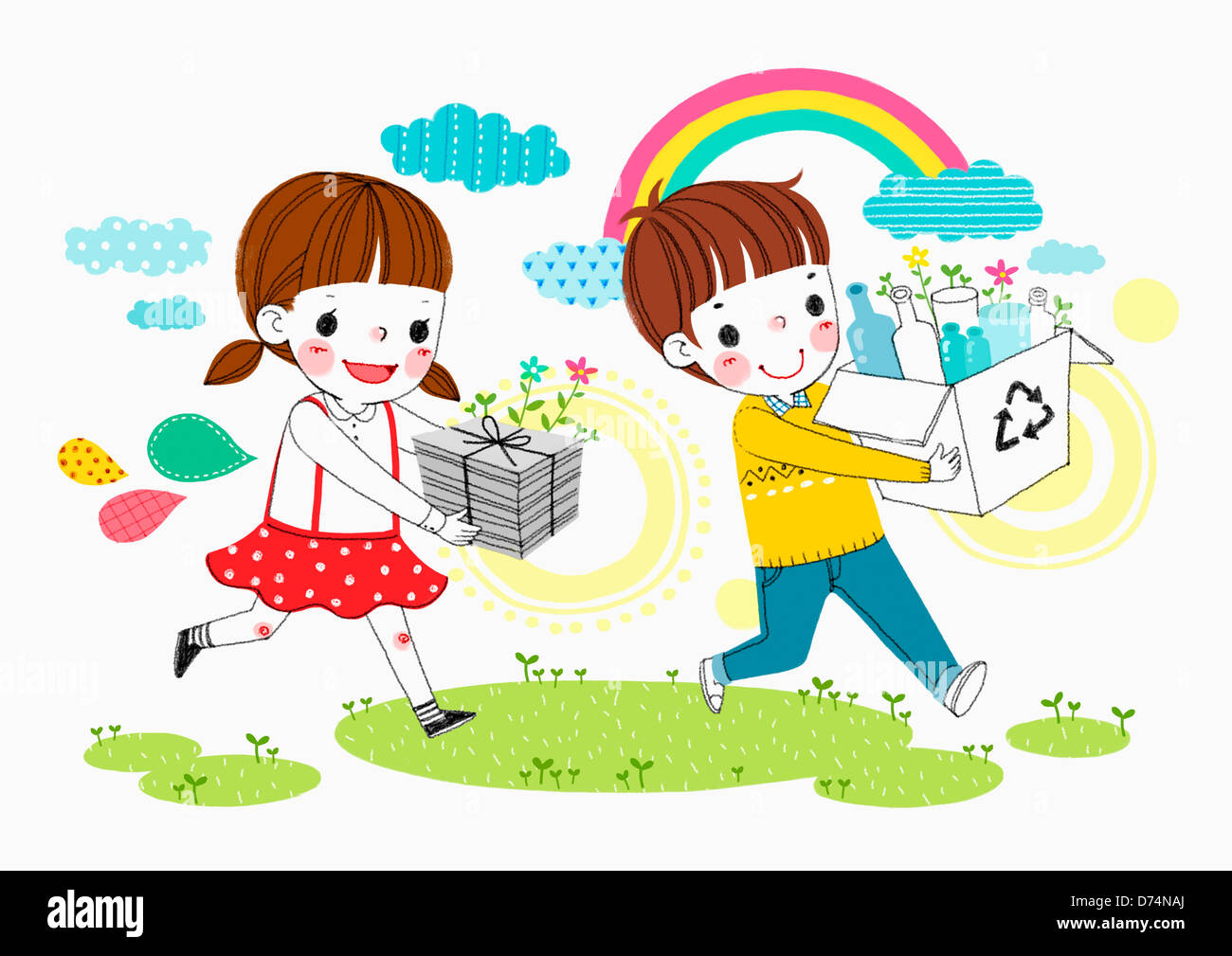 illustration of kids recycling Stock Photo - Alamy
