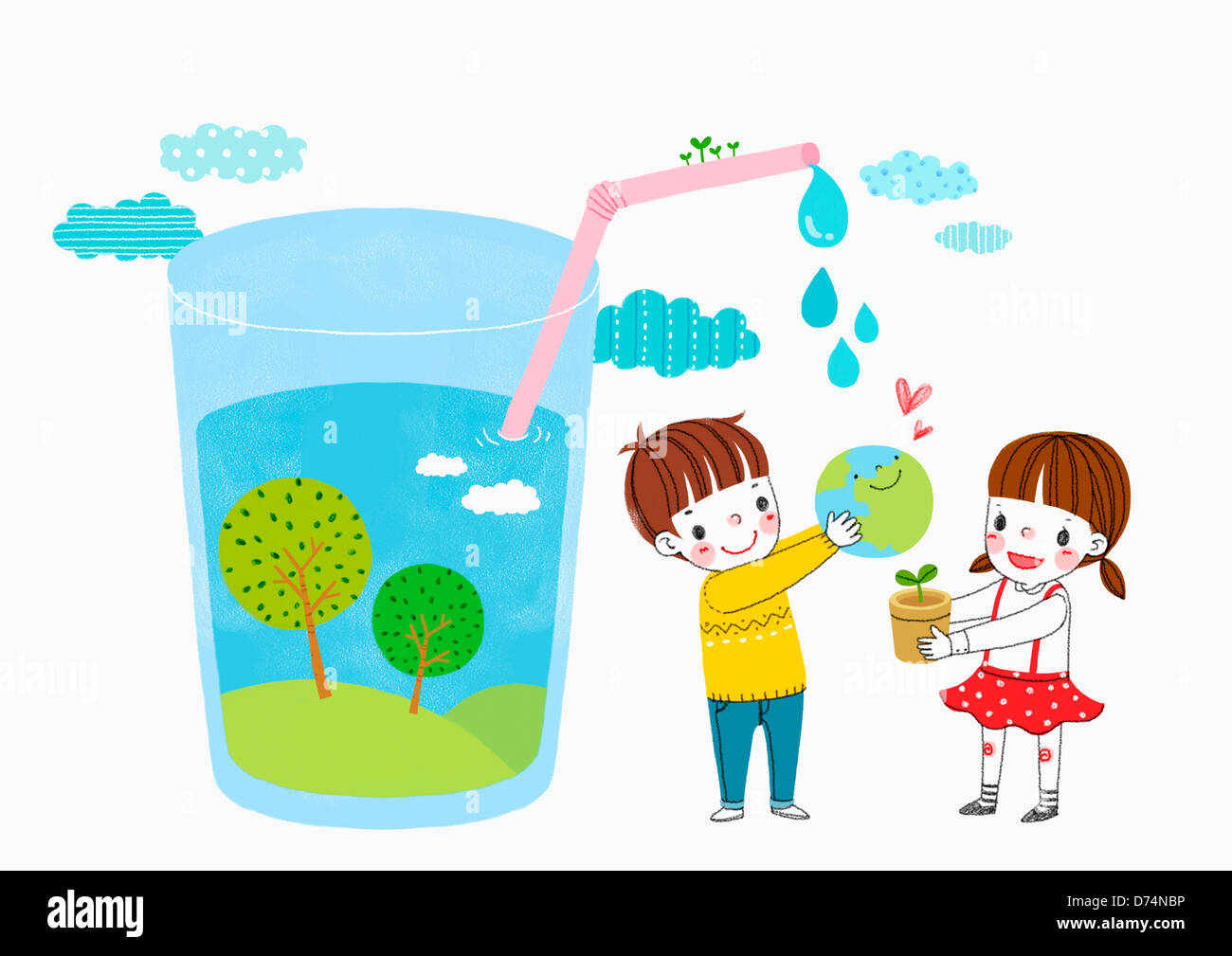 illustration of kids and a glass of water with a land inside Stock ...