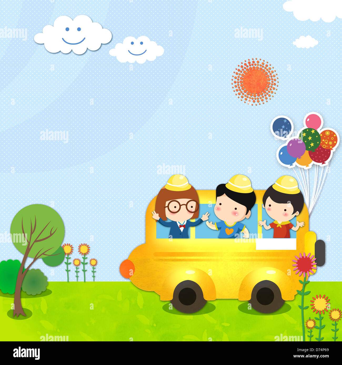 illustration of a kids in kindergarten bus Stock Photo - Alamy