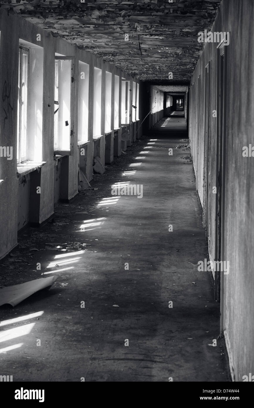 B&W photograph of the interior of the former holiday complex at Prora ...