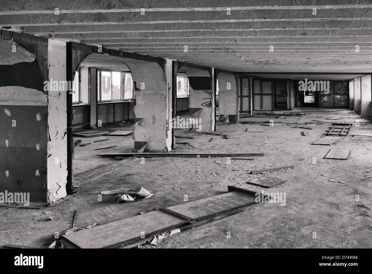 B&W photograph of the interior of the former holiday complex at Prora ...