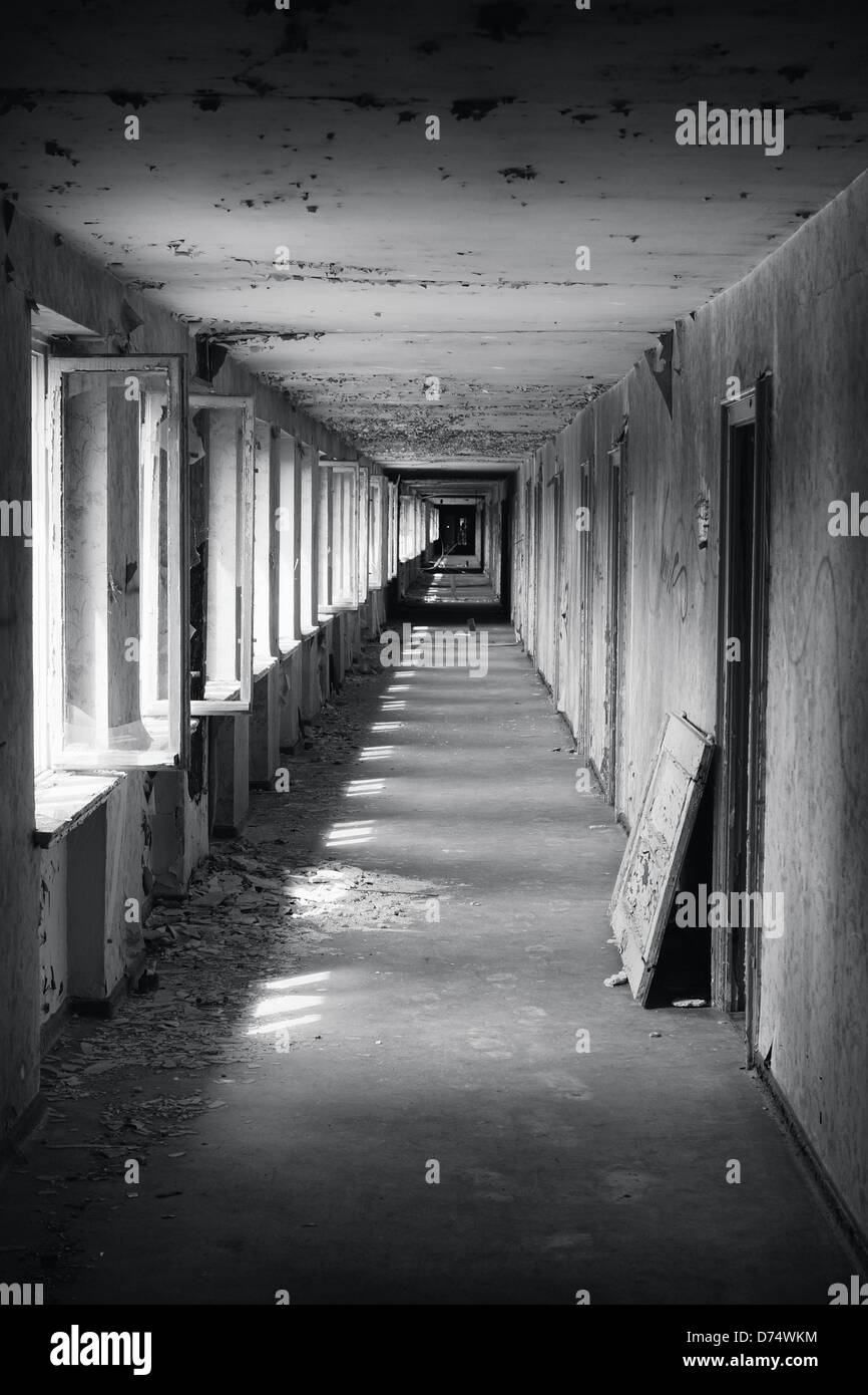 B&W photograph of the interior of the former holiday complex at Prora ...