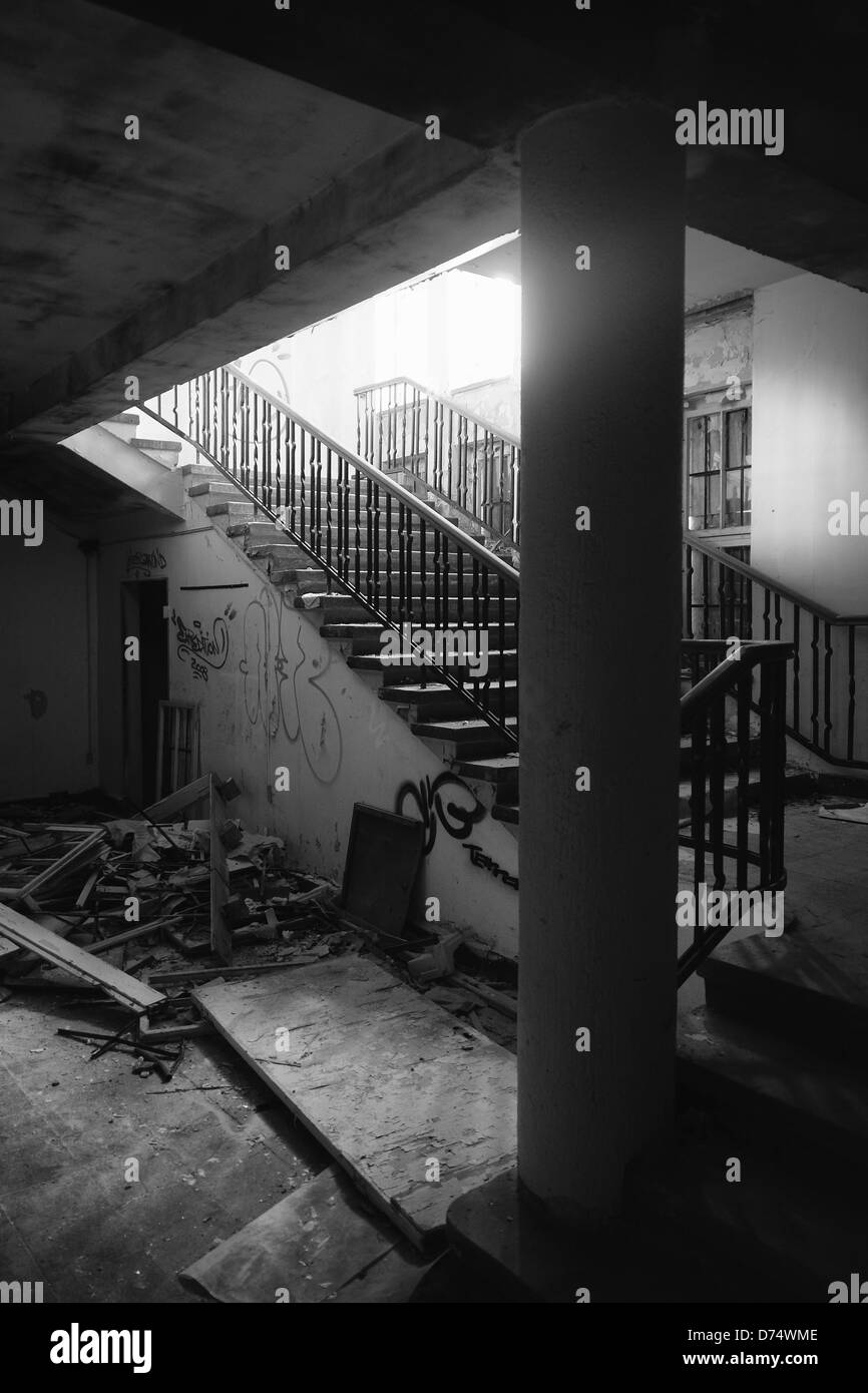 B&W photograph of the interior of the former holiday complex at Prora ...