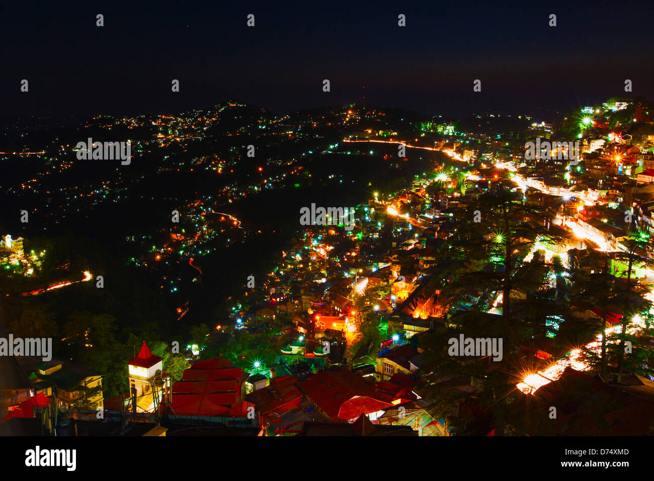 Houses on a hill lit up at night, Shimla, Himachal Pradesh, India Stock ...