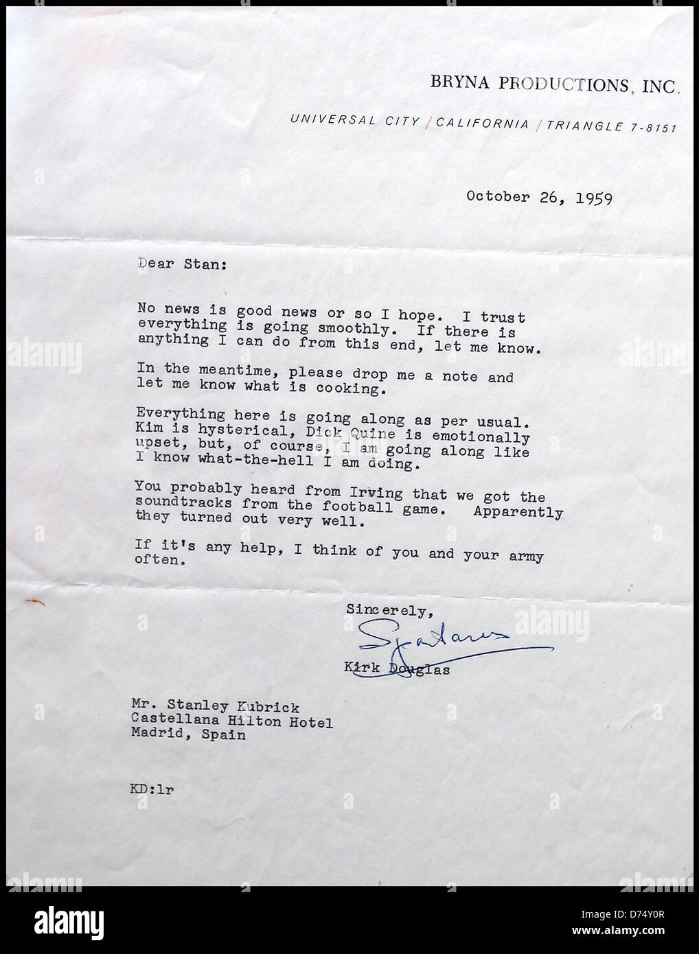 Letter from Kirk Douglas to Stanley Kubrick Stanley Kubrick exhibition ...