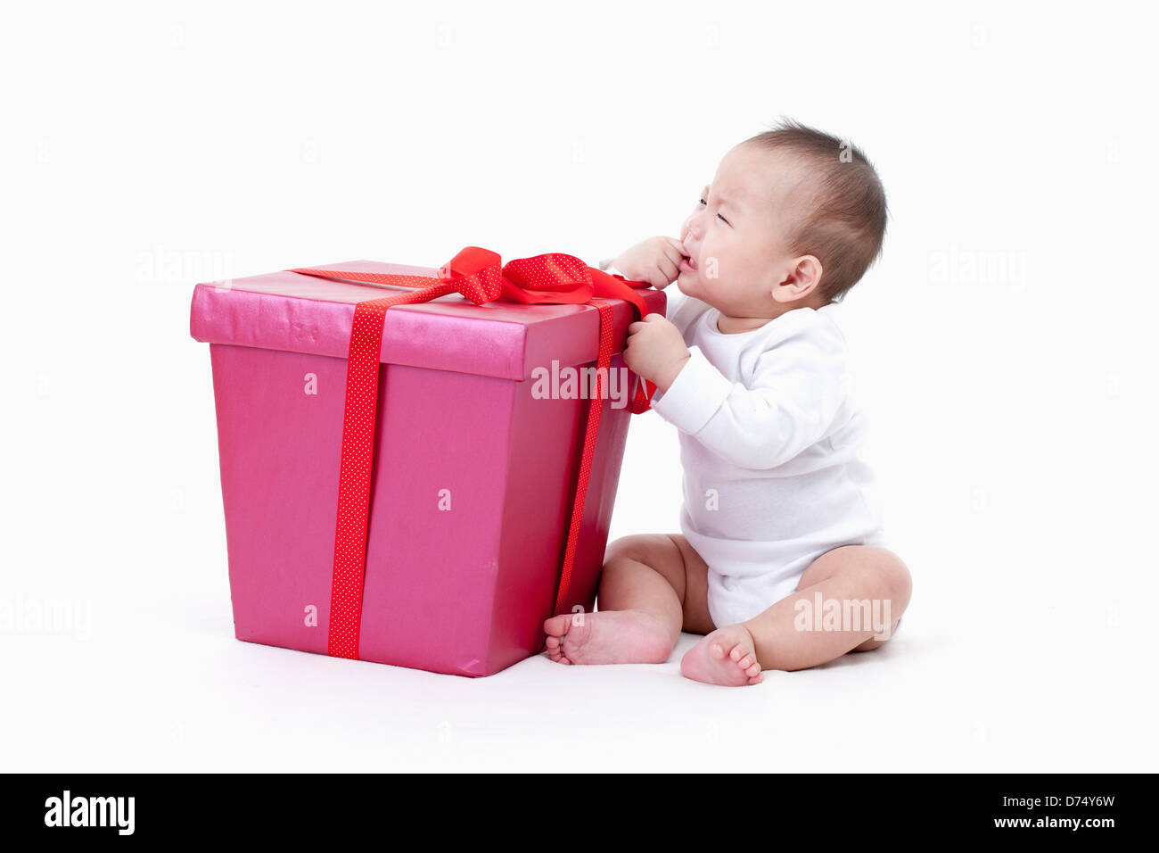 a baby pulling ribbon off from a big gift with mouth Stock Photo - Alamy